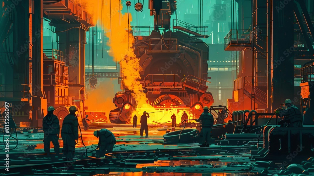 Illustrate a dramatic scene in a metallurgy factory where workers are ...