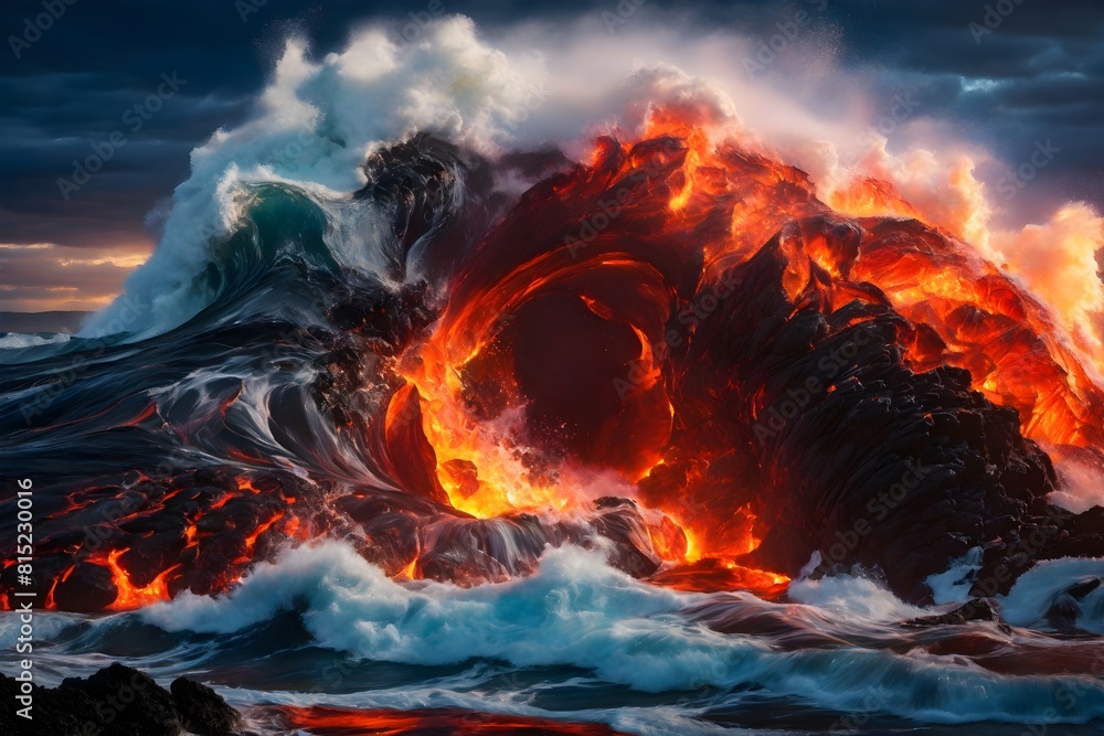 Dramatic clash between molten magma from a volcano and the relentless ...