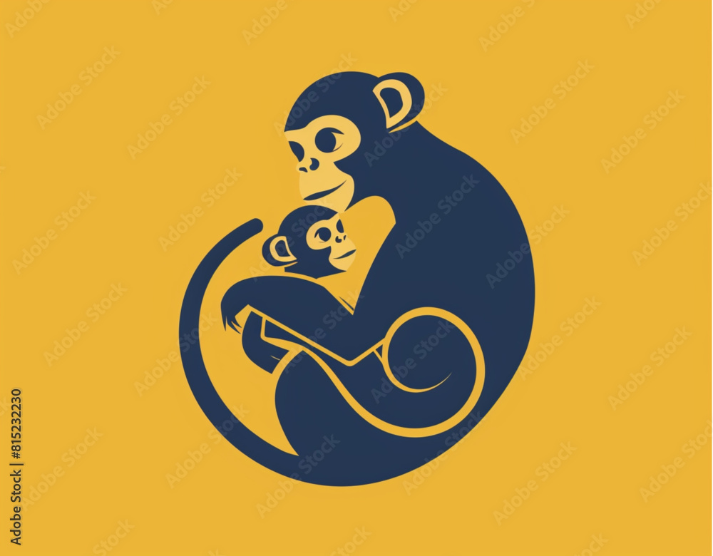 logo, minimalistic logo of monkey with baby on yellow background in a ...