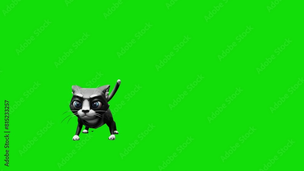 3D character animation of a cute black cartoon cat in a focused idle ...