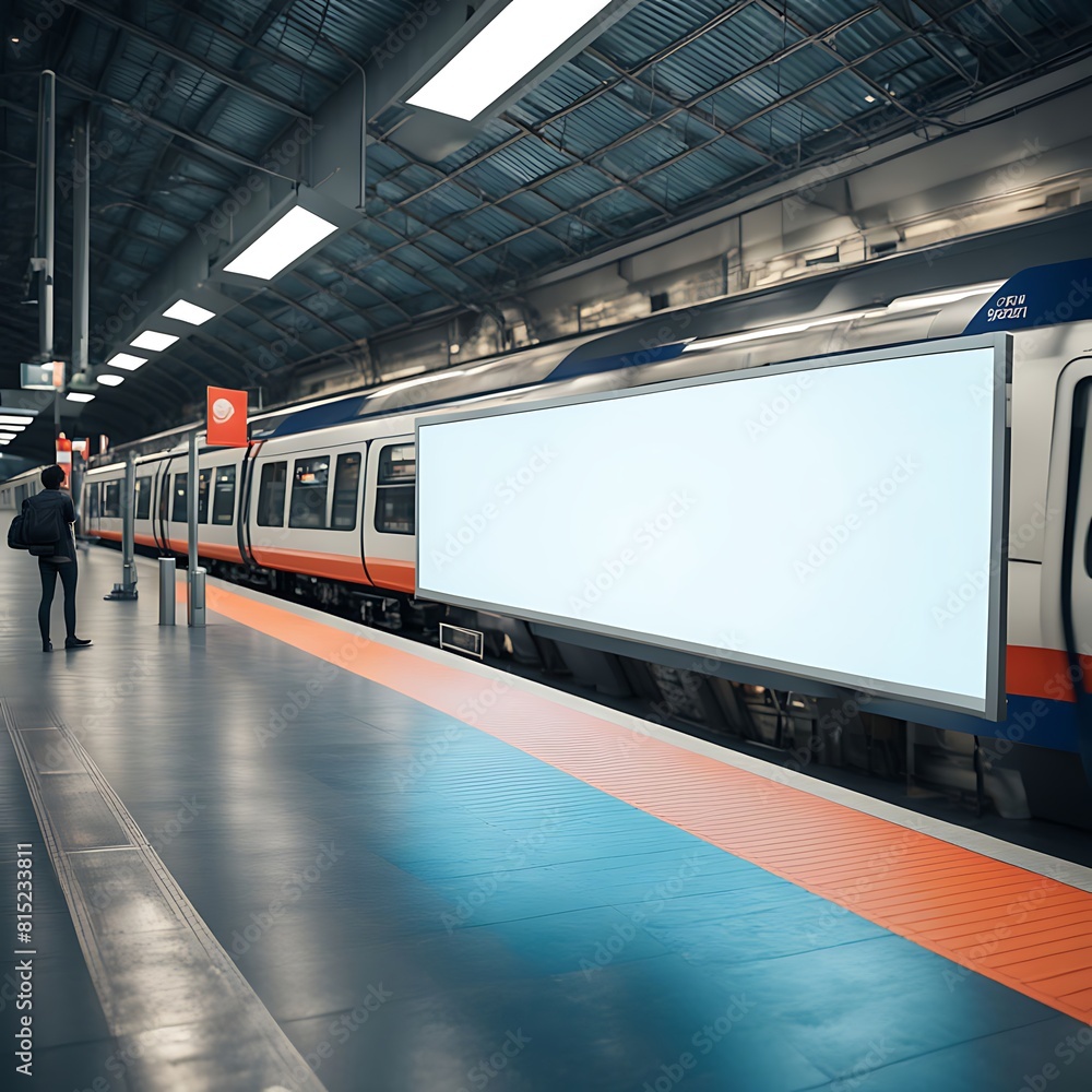 Blank advertising mockup board for advertisement at the train platform ...