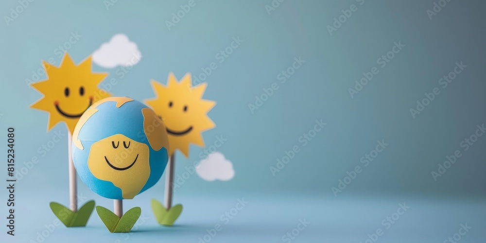 The image shows a blue planet Earth with a smiley face, two yellow suns ...
