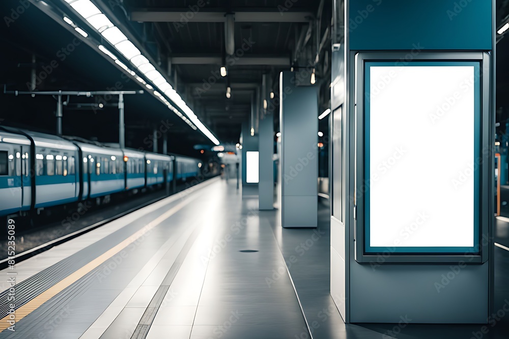 Blank advertising mockup board for advertisement at the train platform ...