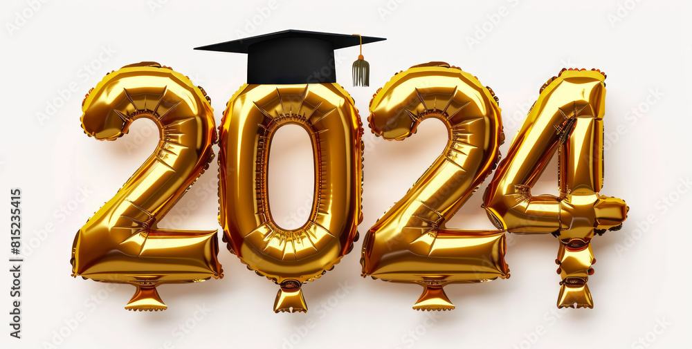 golden 2024 balloons with black graduation cap for celebration Stock ...