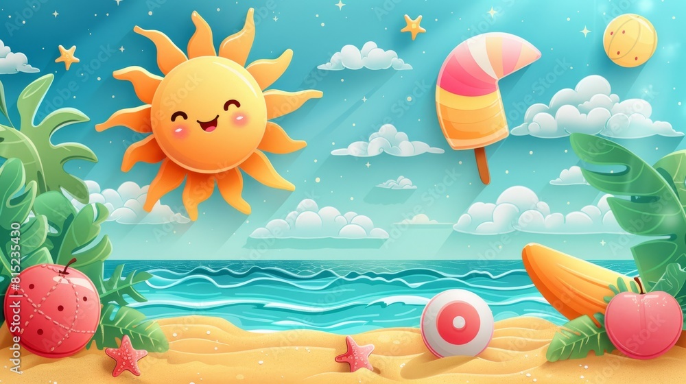 summer clipart set with vibrant sun, beach ball, and popsicle on sandy ...