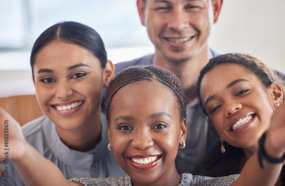 Company, selfie and smile portrait in office, diversity and happy ...
