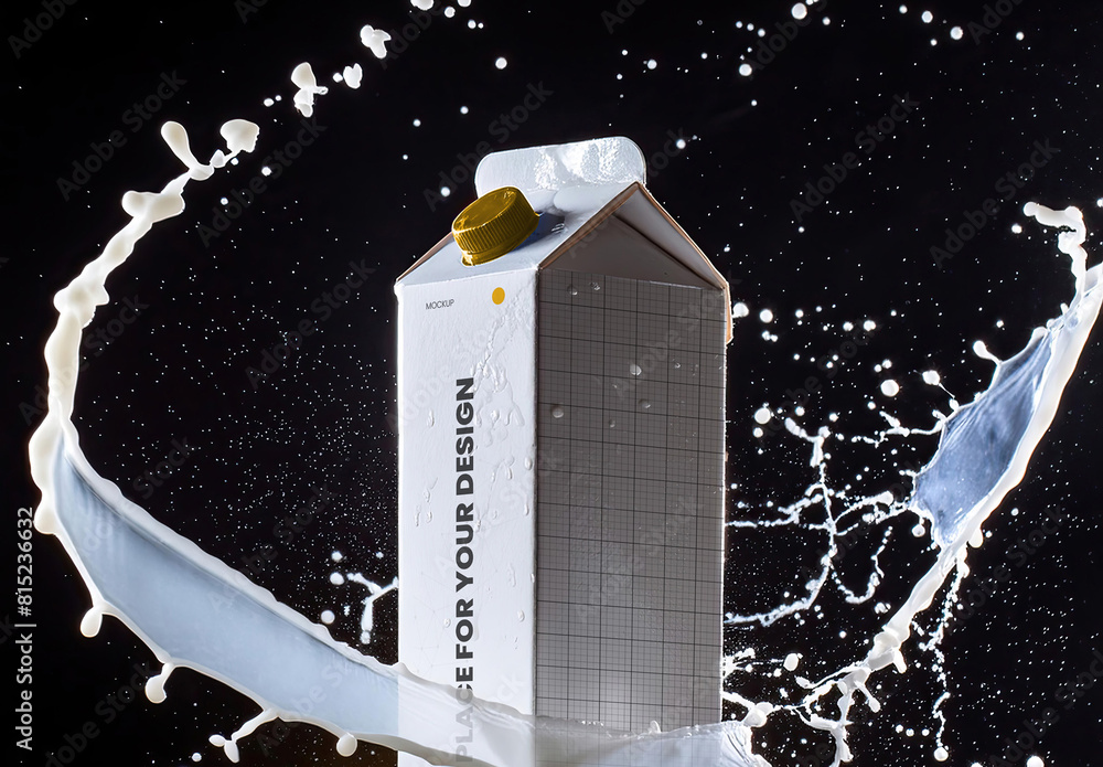 Milk box floating with milk around mockup Generative Ai Stock Template ...