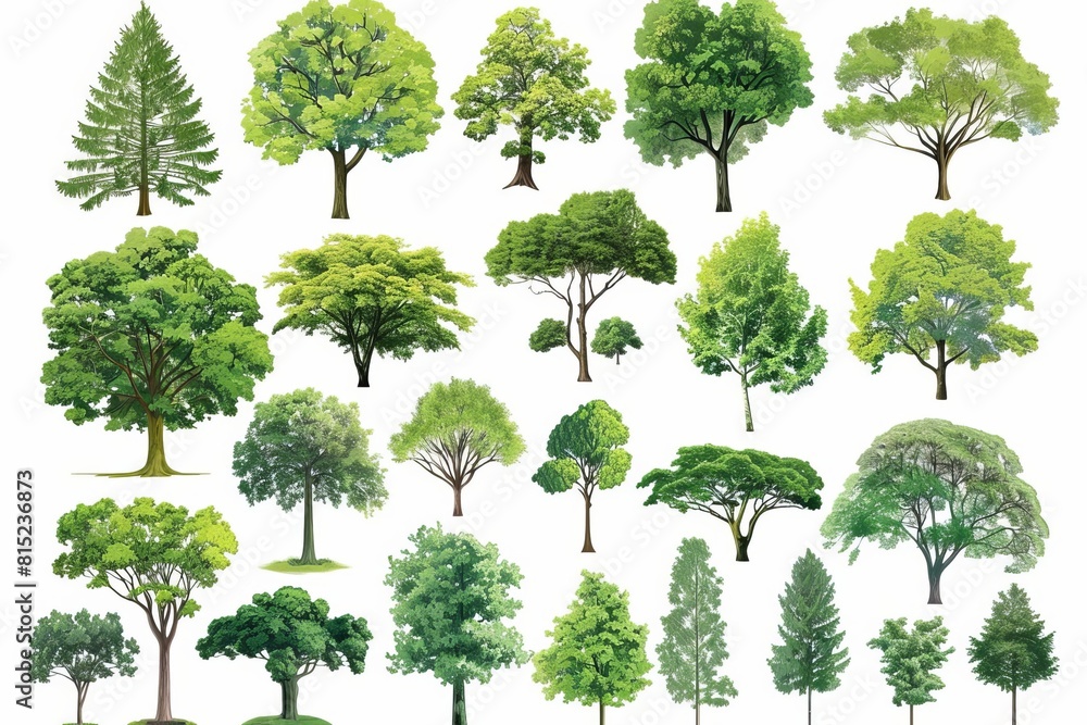 collage of diverse green tree species isolated on white nature clipart ...