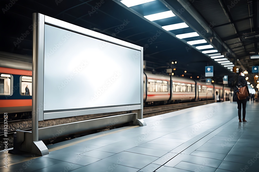 Blank advertising mockup board for advertisement at the train platform ...