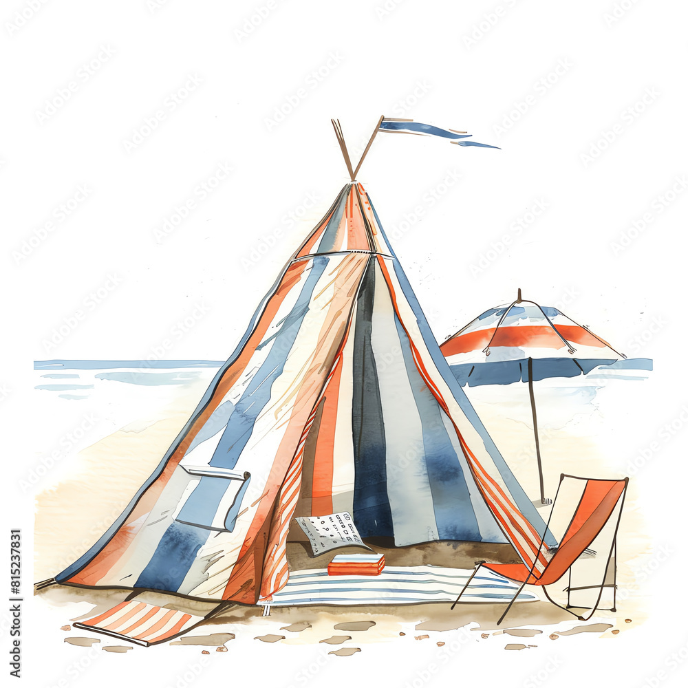 Minimalistic watercolor of a beach tent on a white background, cute and ...