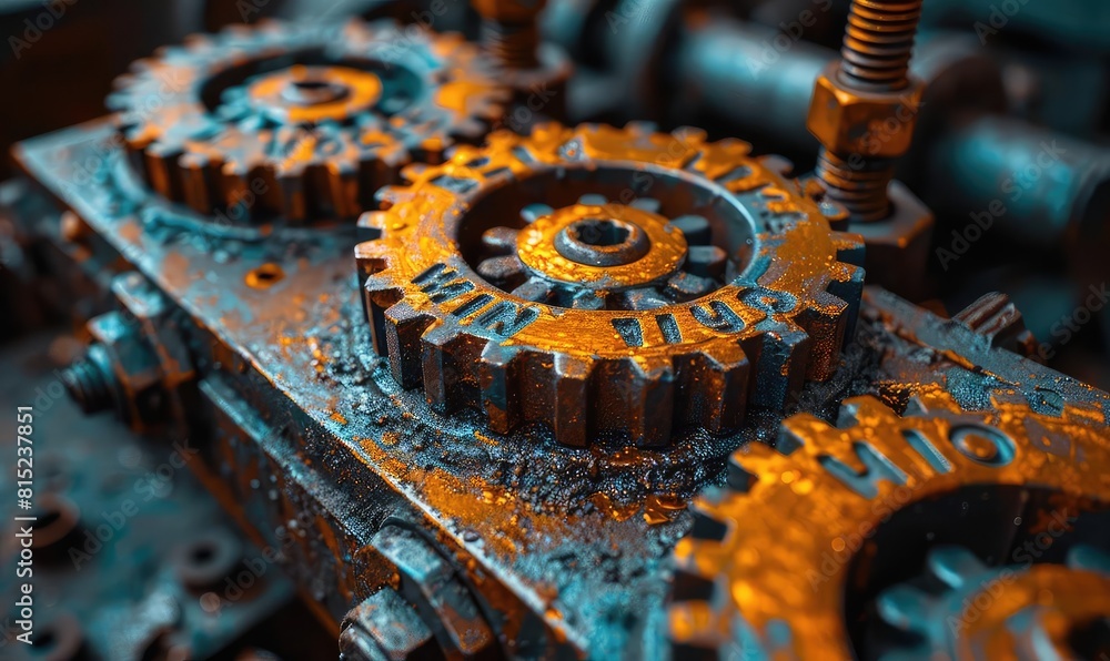 Concept art of gears with labels as work objectives, interlocking ...