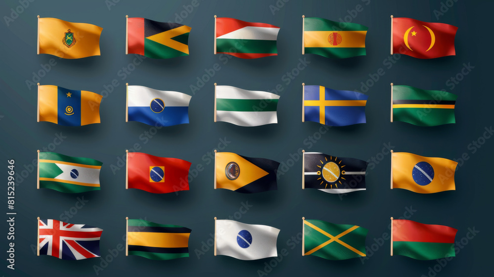 Collection of different national flags displayed neatly against a dark ...