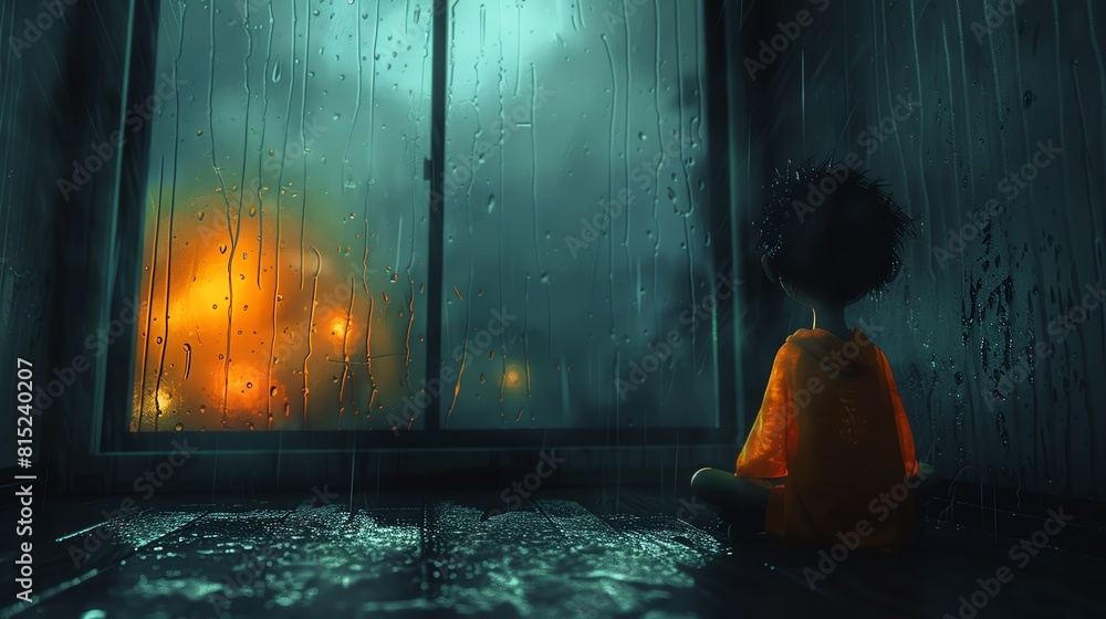 The rain is falling outside the window, and the little boy is sitting ...