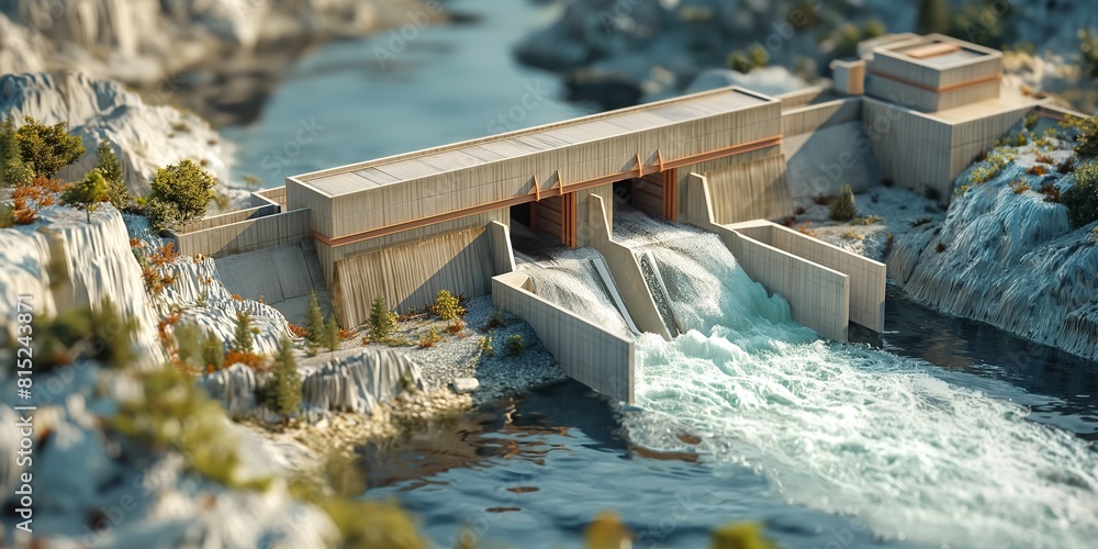 The photo shows a concrete dam with water flowing through its open ...