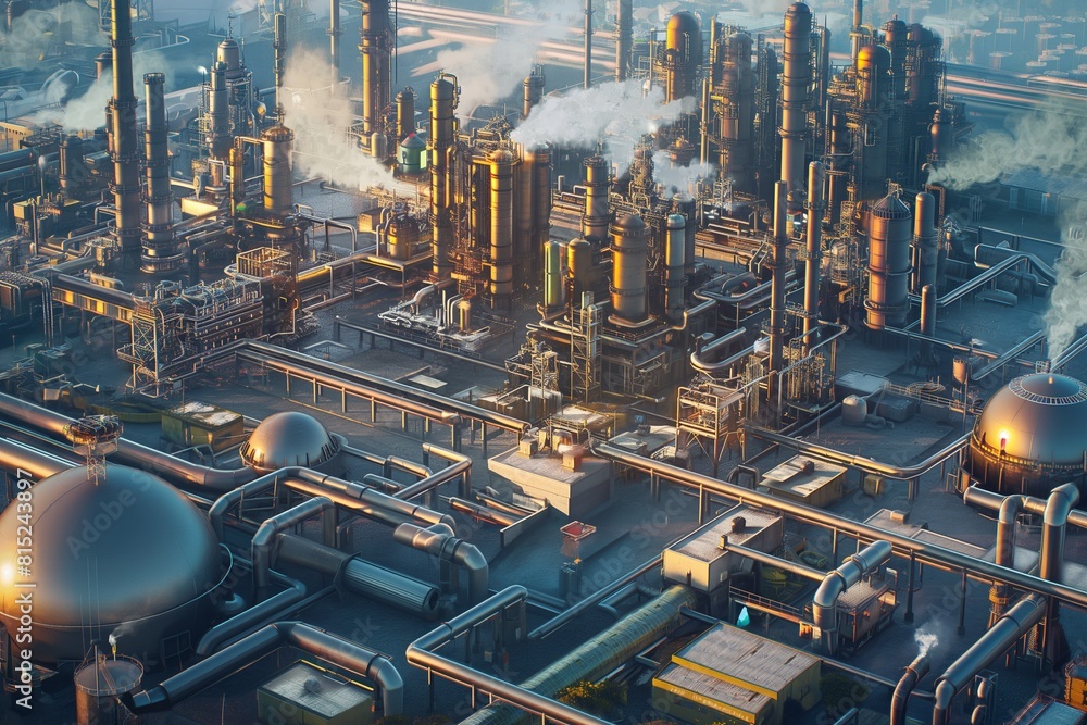 The photo shows a large industrial complex with many interconnected ...