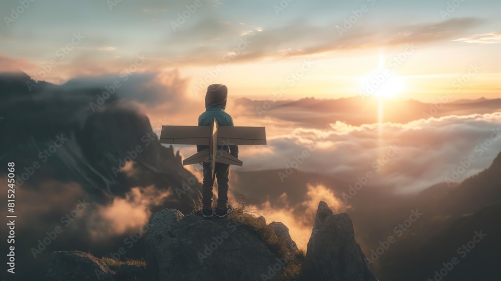 Child pilot aviator. Dream to be pilot, Standing on the top of the ...