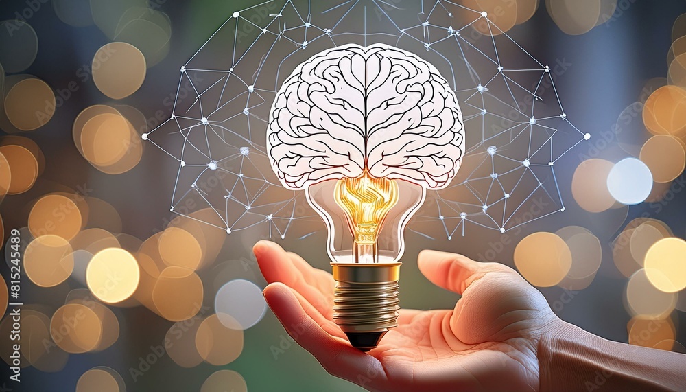 Hand holding drawing virtual light bulb with brain on bokeh background ...
