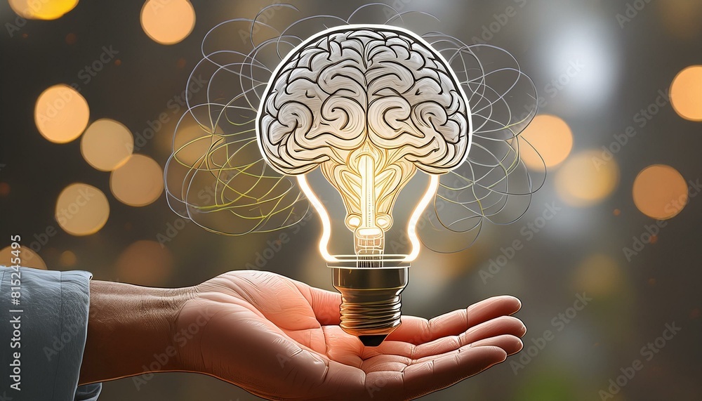 Hand holding drawing virtual light bulb with brain on bokeh background ...