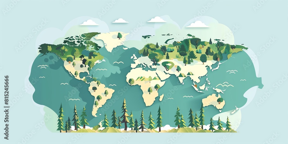 environment, flat design, world map highlighting reforestation areas to ...