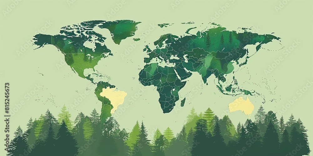 environment, flat design, world map highlighting reforestation areas to ...