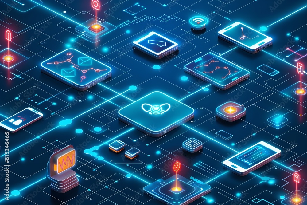 A detailed 3D illustration showing a computer with multiple devices ...
