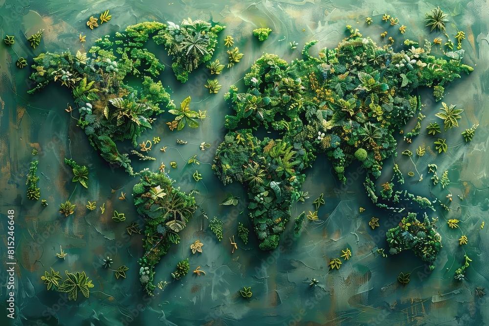 Digital illustration of a world map made from lush green foliage ...