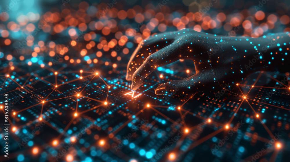 Artificial tech, futuristic and abstract with hand, networking and ...