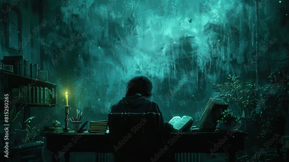 loneliness and contemplation, alone at a desk in a dim room, a person ...