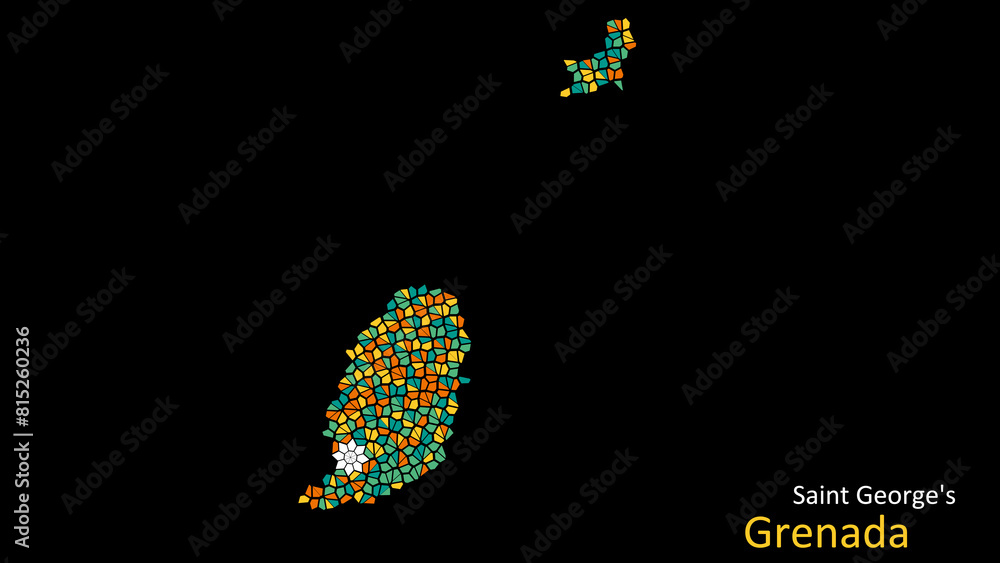 A map of Grenada is presented as a mosaic with a dark background, and ...