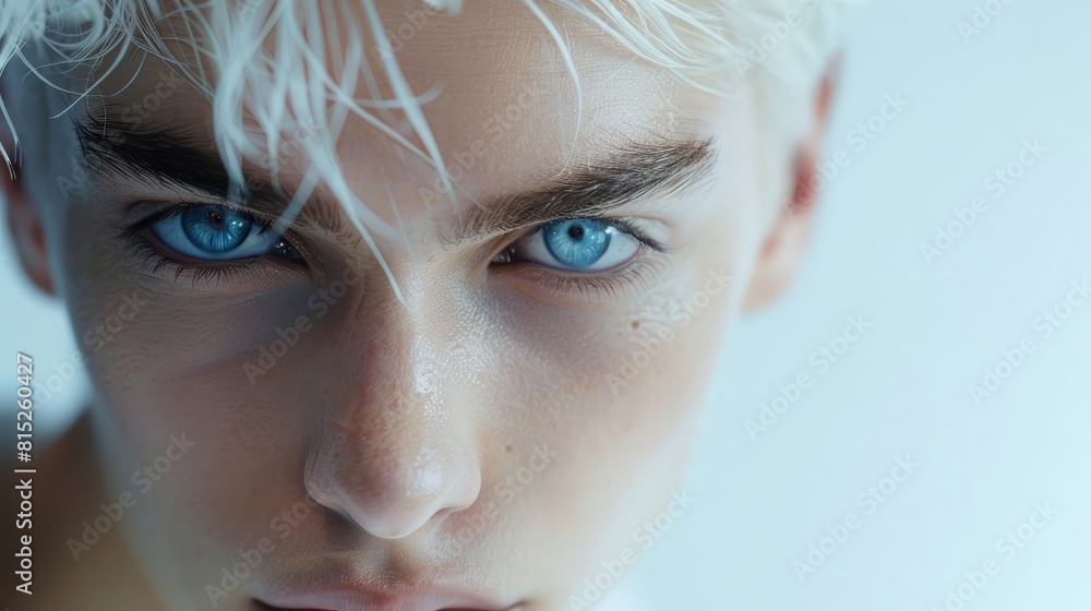 androgynous model, piercing blue eyes, slicked - back platinum blonde ...