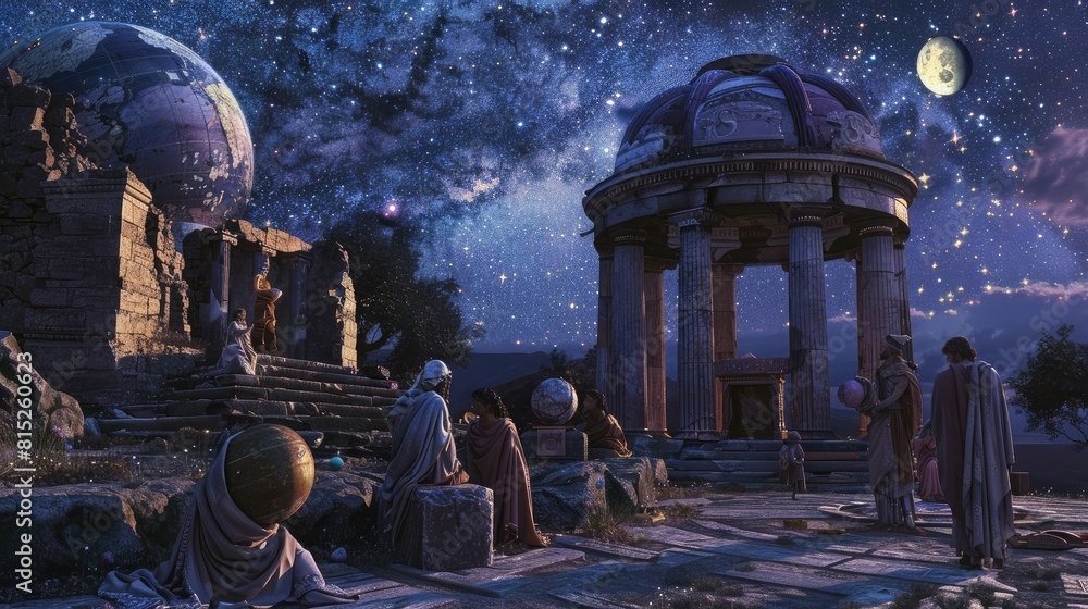 ancient Greek observatory, with philosophers and astronomers gathered ...