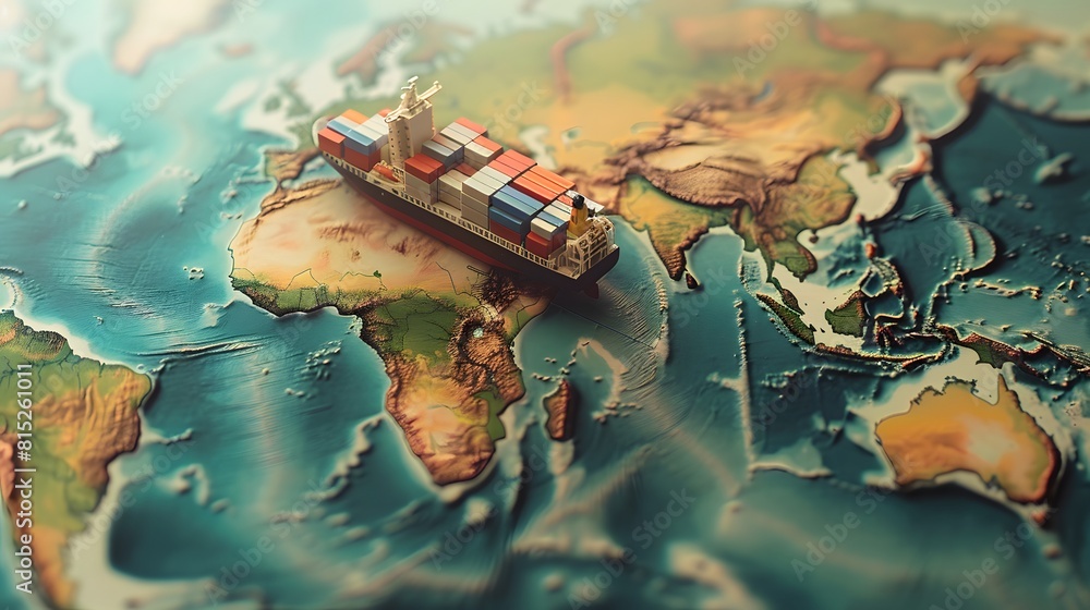 Container ship model on world map , transcontinental transportation or ...