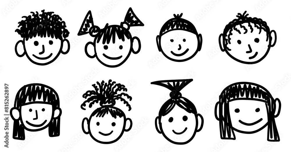 Kids portraits drawings set. Collection freehand baby drawn elements ...