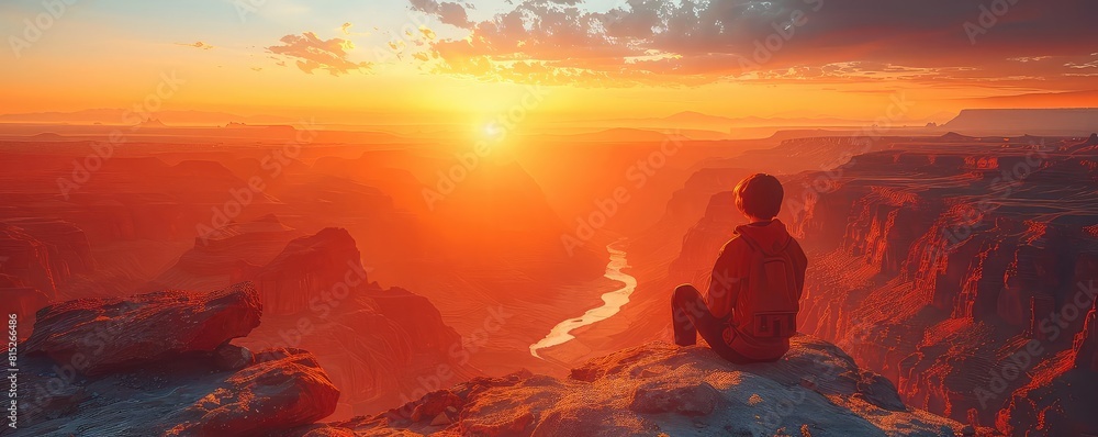 Lone hiker overlooking a sprawling canyon, symbol of adventure in the ...