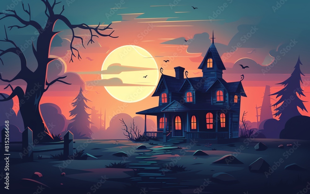 Haunted house flat design front view ghost town theme animation ...