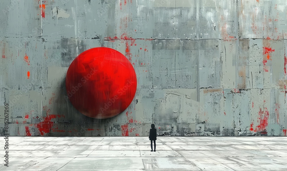 Minimalist canvas with a small red dot centered on a vast grey ...