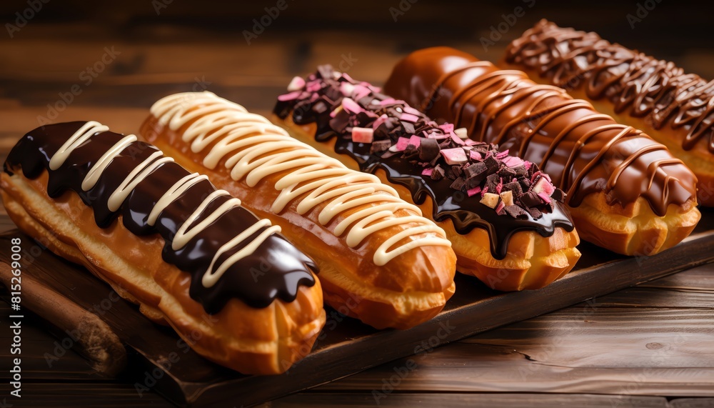 Variety of eclairs with glossy chocolate topping, lined up neatly on a ...