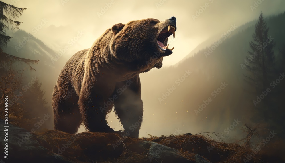 Aggressive stance of a grizzly bear standing upright, mouth open in a ...