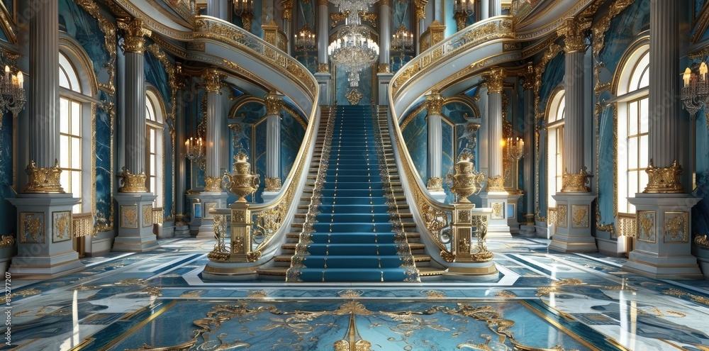 interior of royal palace hall, blue and white marble with golden ...
