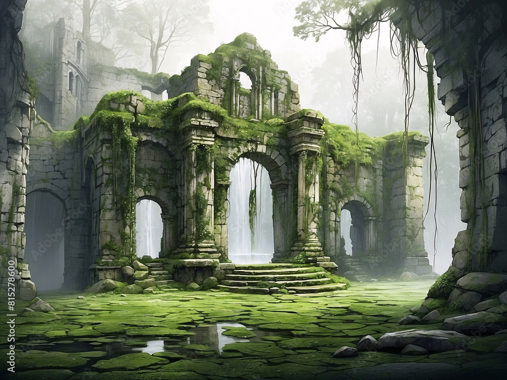 Moss covered ruins of victorian era buildings, royal gentry property ...