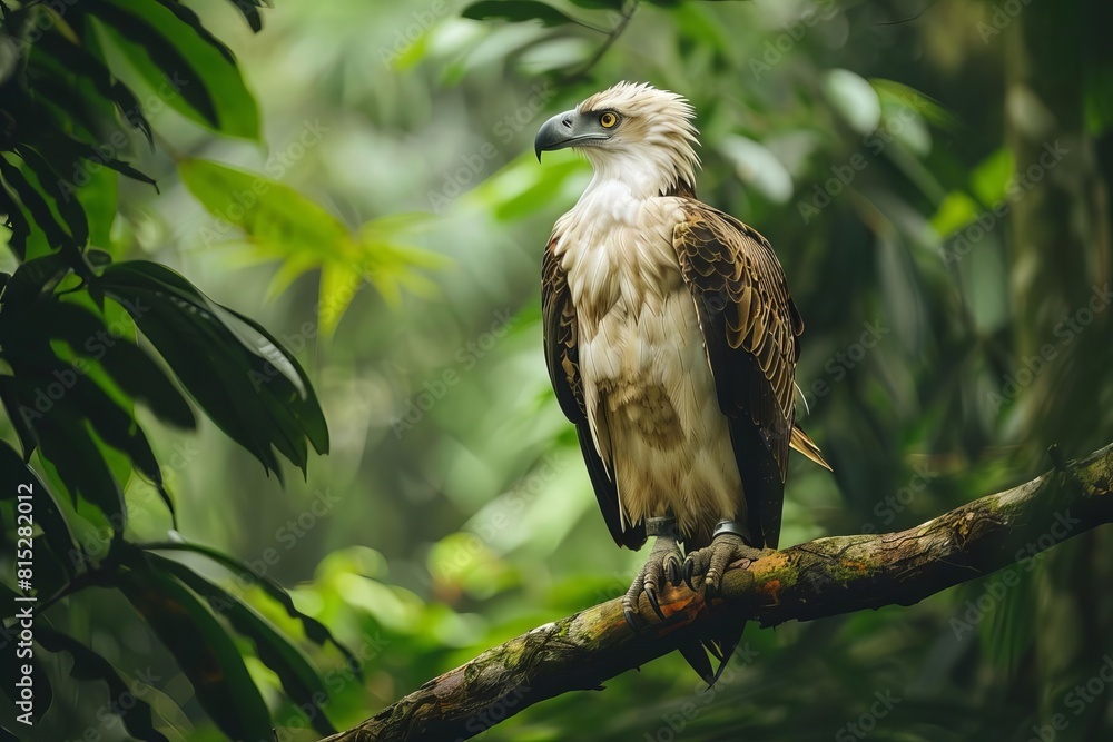 majestic philippine eagle perched on branch in dense rainforest critically endangered bird of ...
