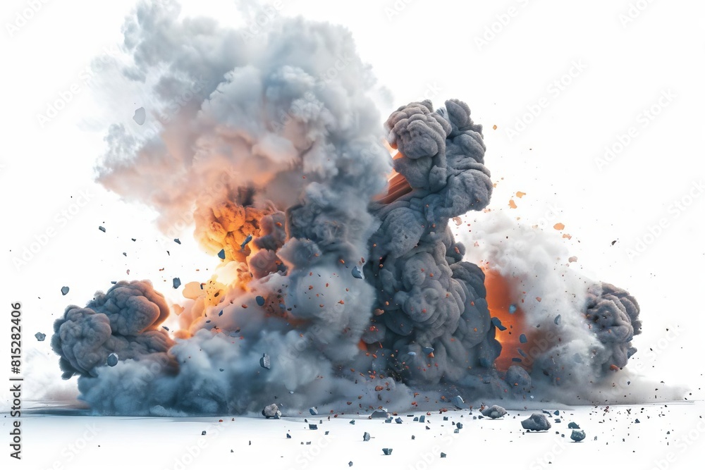 massive explosion with billowing smoke and debris on white background ...