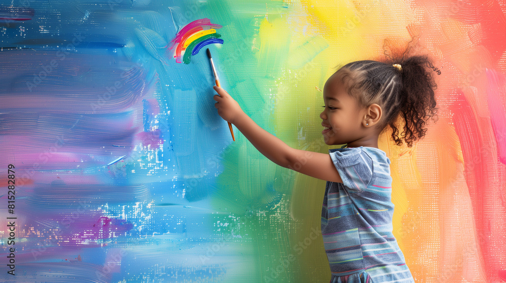 Happy african american child painting a rainbow on a wall. Young black ...