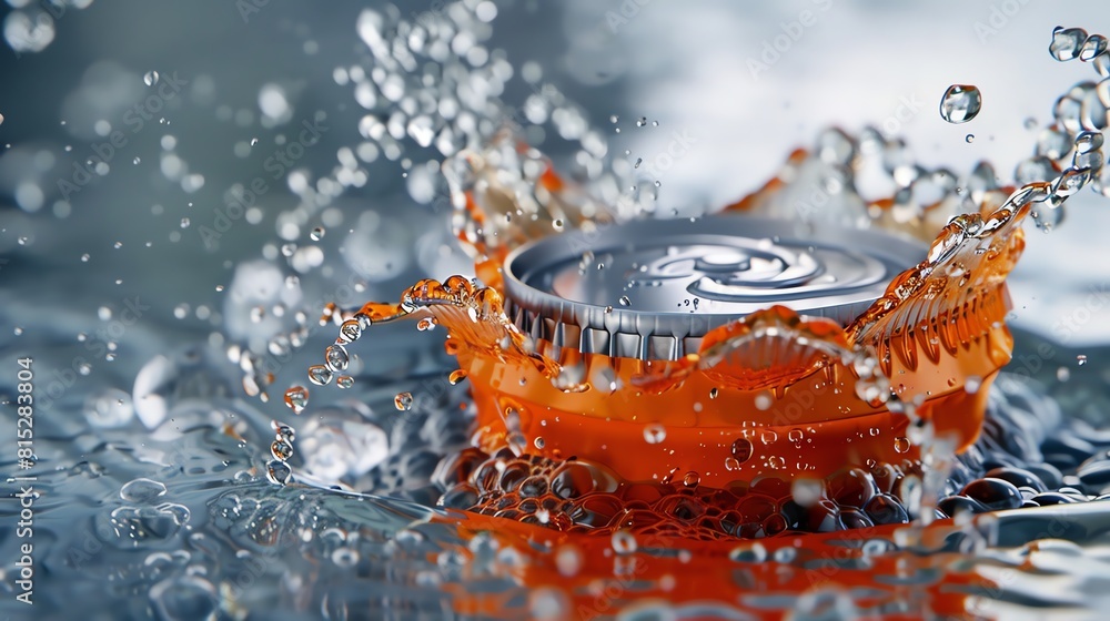 An orange soda can making a vibrant splash in water, emphasizing energy ...