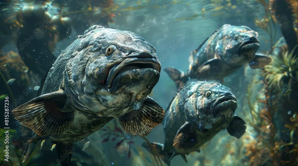 Visualize a group of coelacanths in a serene underwater setting ...