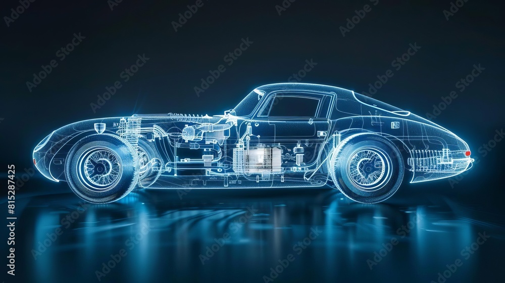 Visualize a roadster under an xray, revealing the complexity of its electrical systems and frame ...
