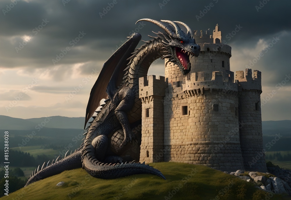 dragon curled around a castle tower, generative AI Stock Illustration ...