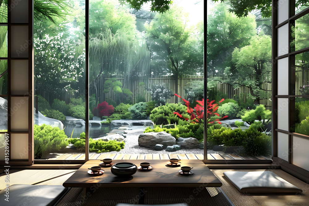 Japanese zen garden room with sunlight coming through the open window ...