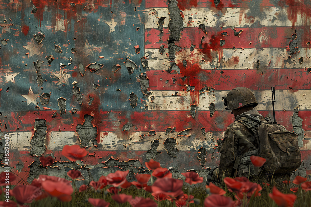 War-torn American flag close-up, soldier silhouette, poppy field. Memorial Day, Veterans Day ...