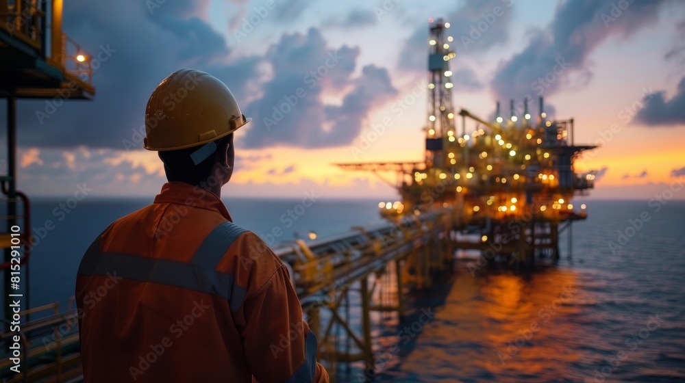 The petroleum engineer wearing safety suit at industrial. standards of ...
